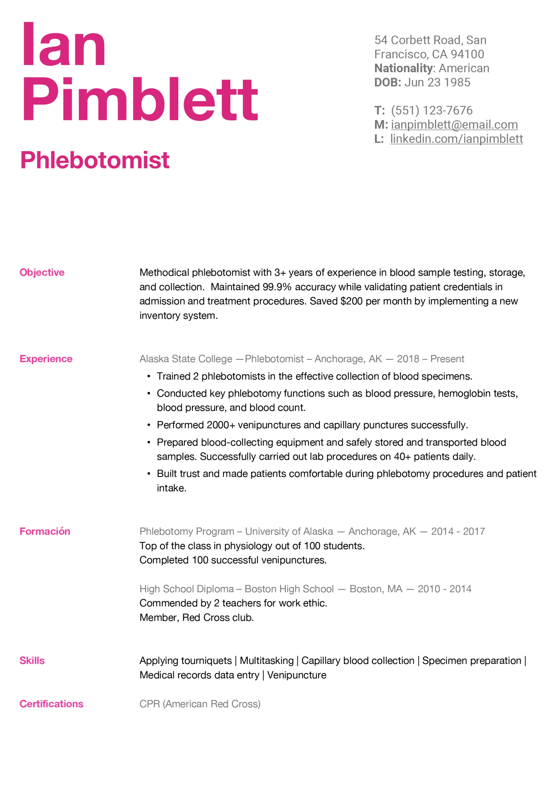 Phlebotomy Resume Cover 10+ Phlebotomist Resume Samples & Templates