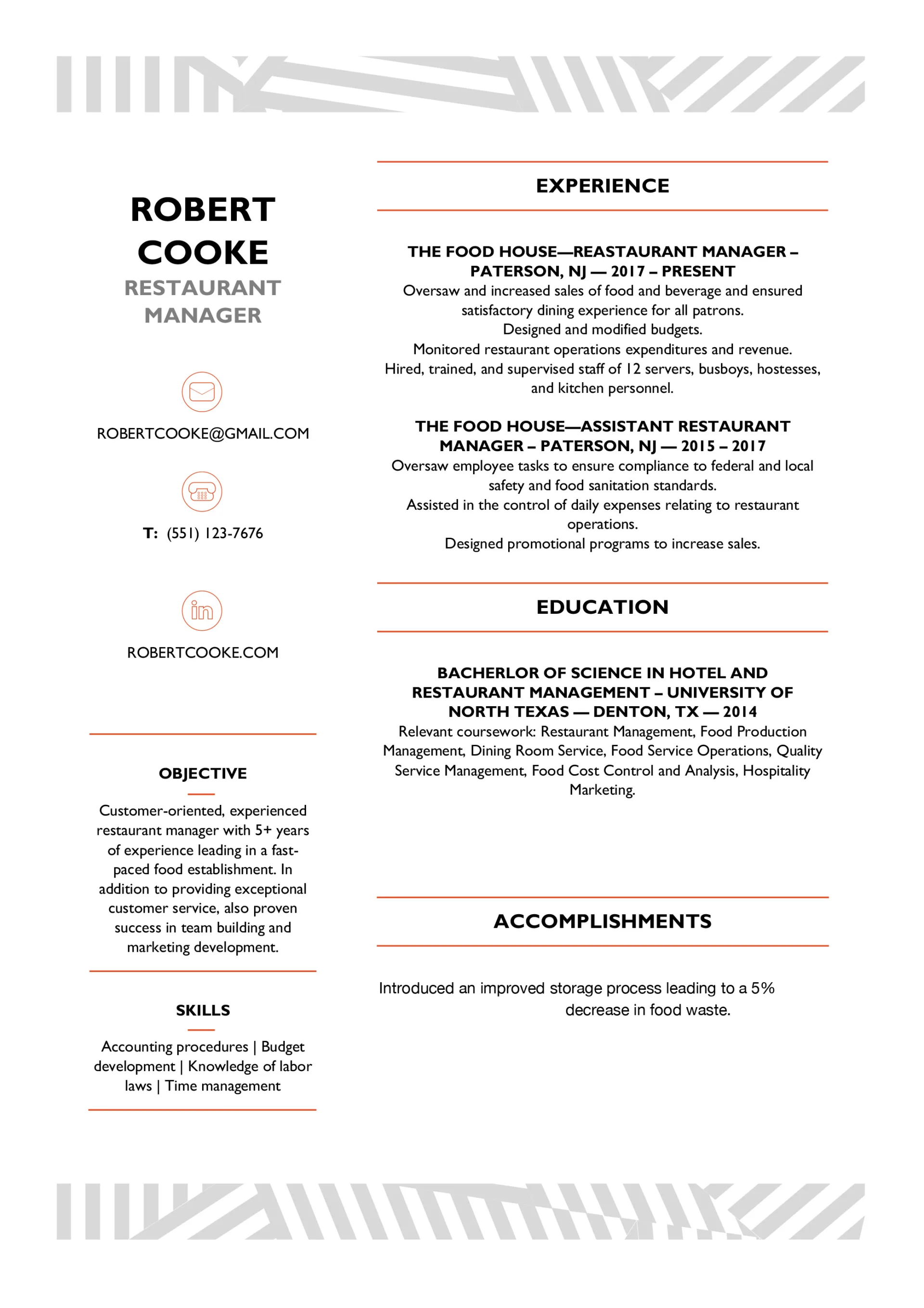 Resume Format For Hotel Management Restaurant Manager Resume: Free