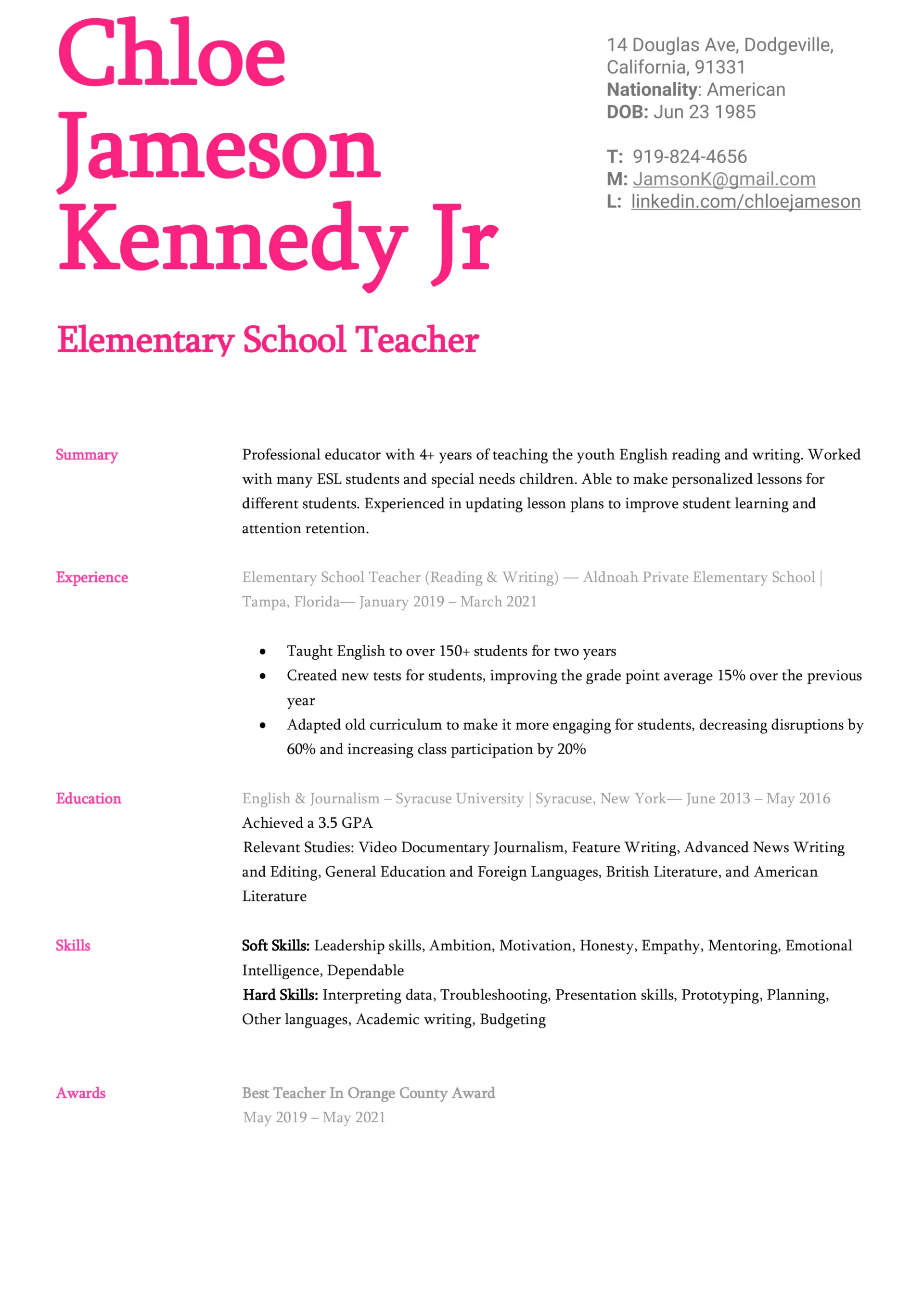 Elementary Education Resume