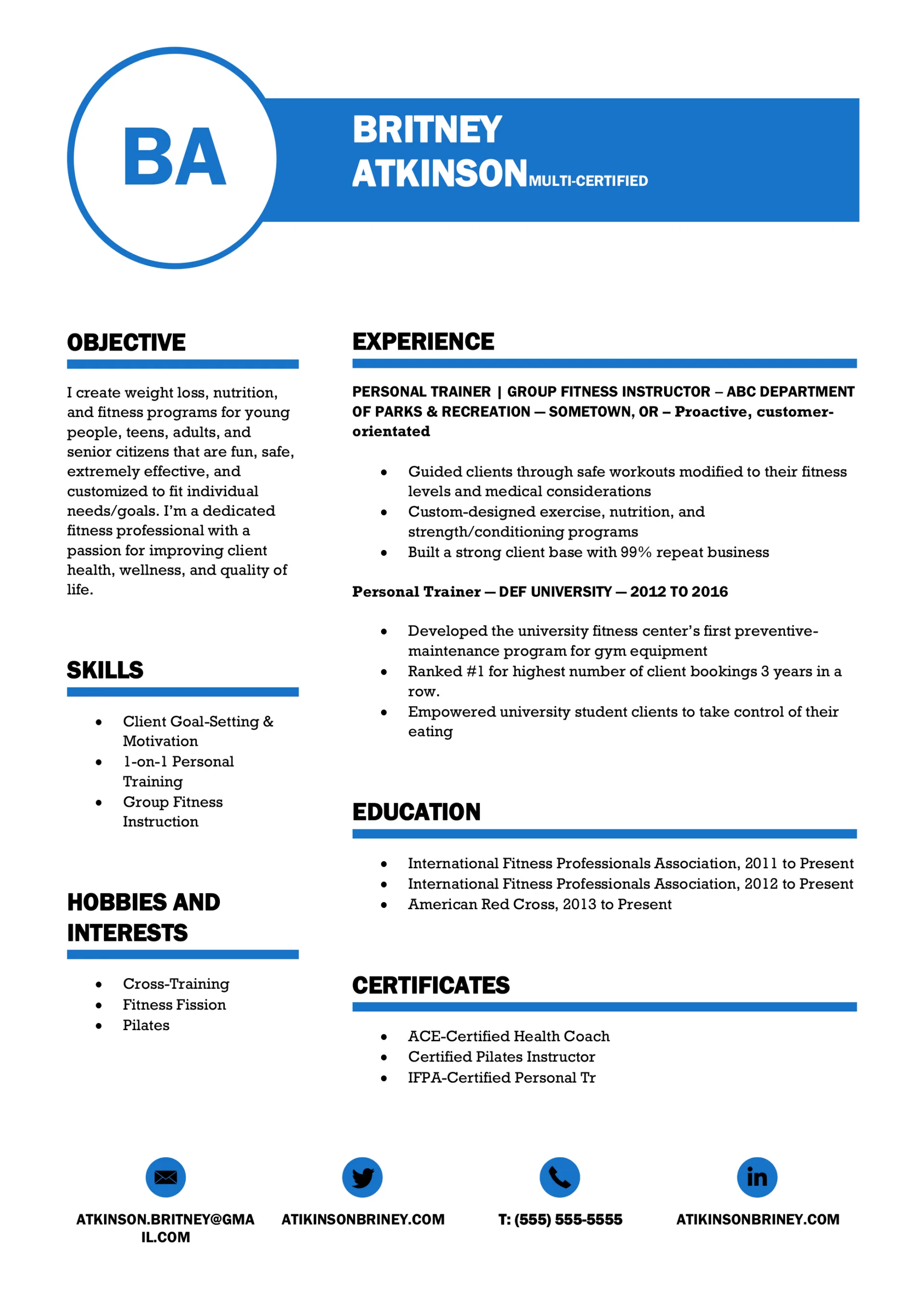 Personal Trainer Resume Sample