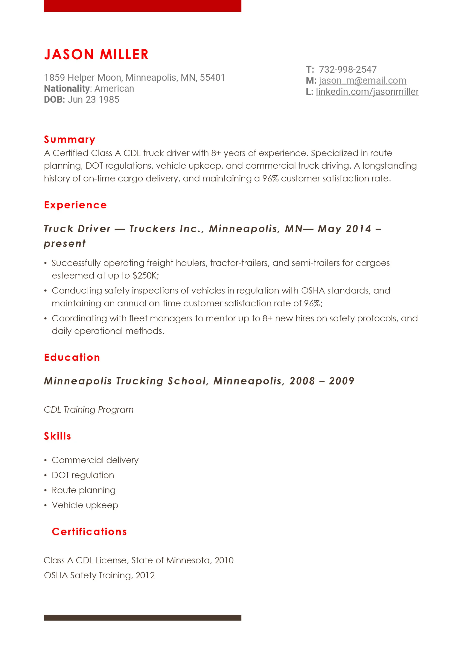 Truck Driver Resume Template Local Truck Driver Resume: Job